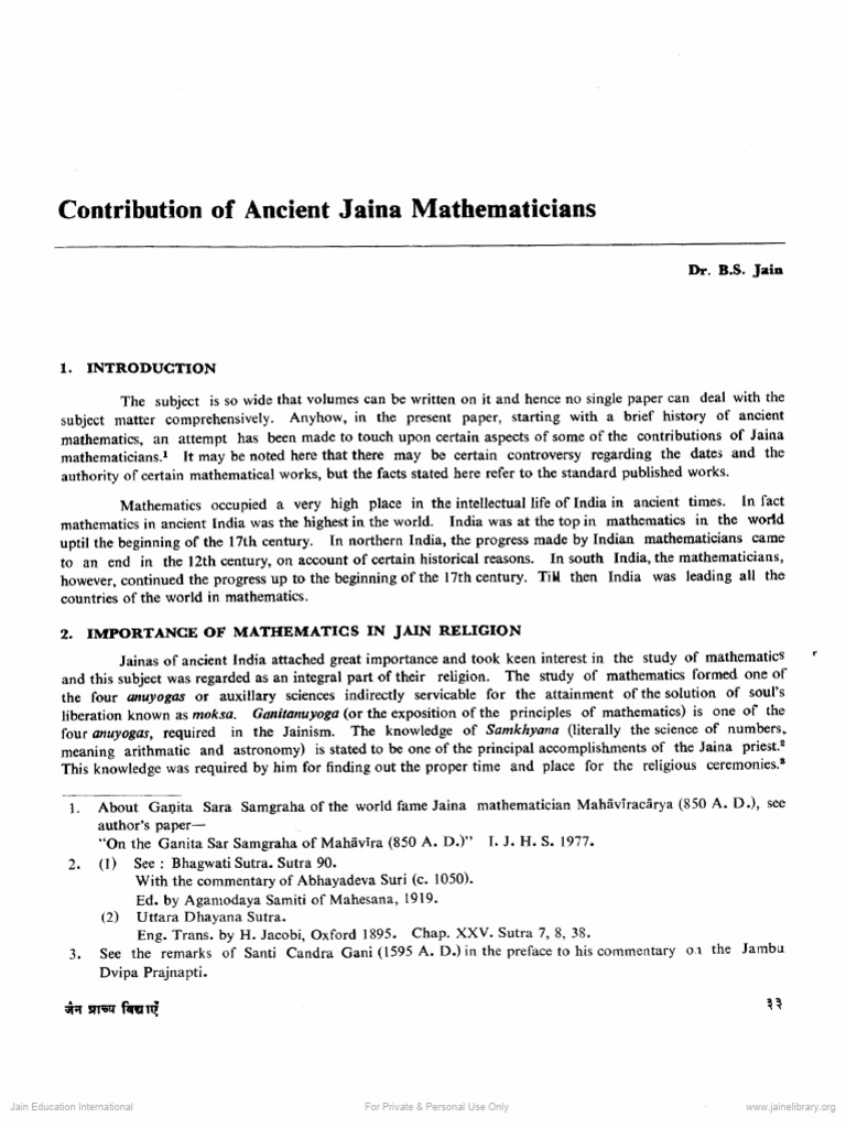 Contribution of Ancient Jaina Mathematicians 250063 STD | PDF