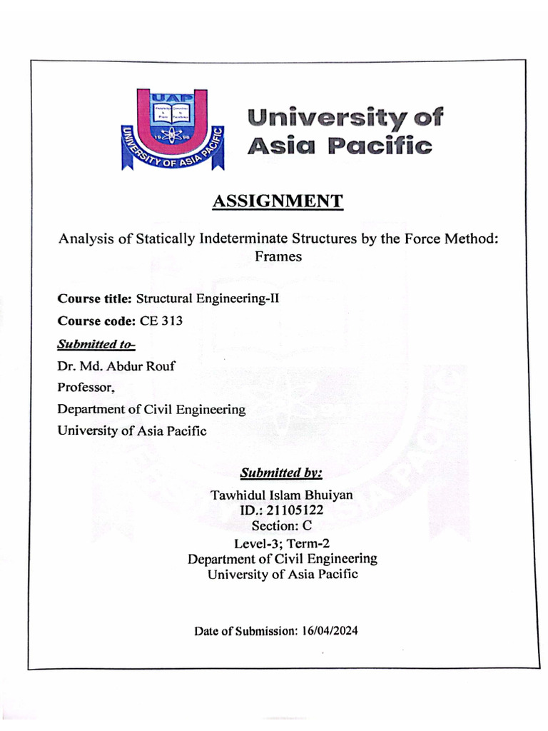CE 313 - Analysis of Frame by Force Method - Tawhid | PDF