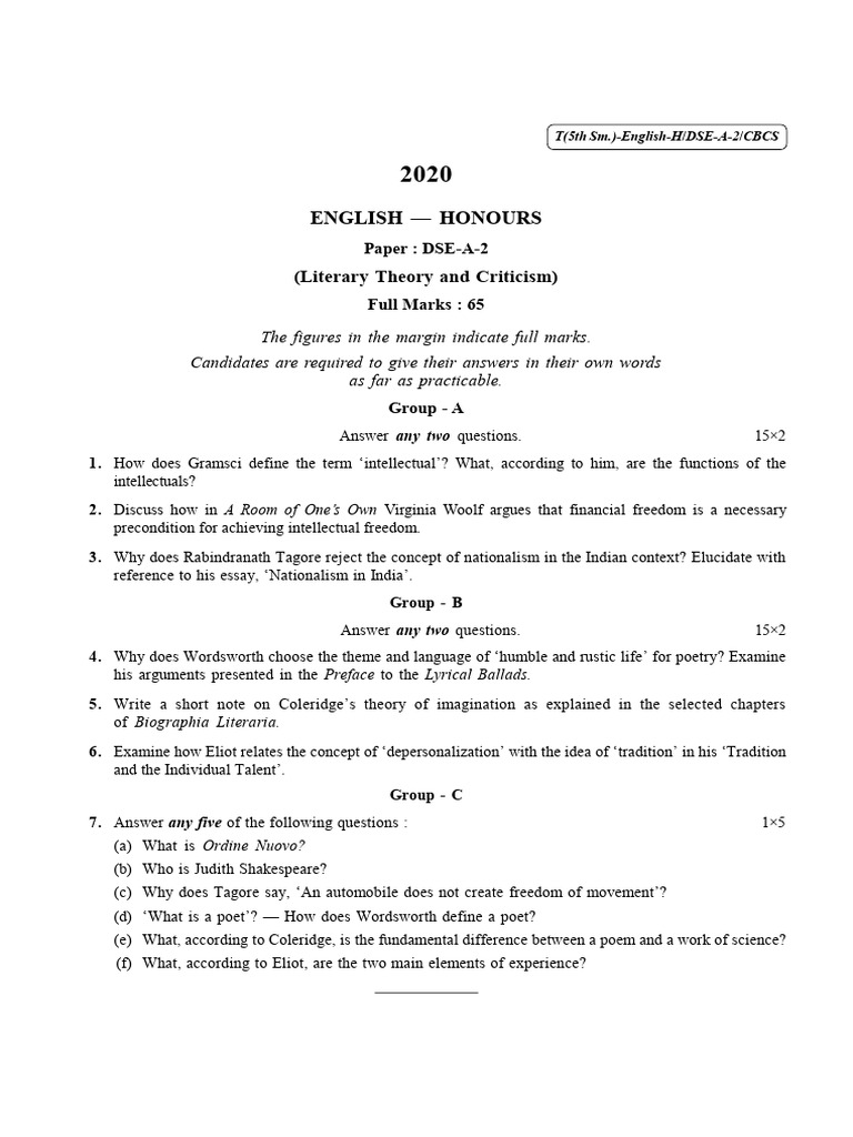 CU-2020 B.A. (Honours) English Semester-V Paper-DSE-A-2 QP | PDF