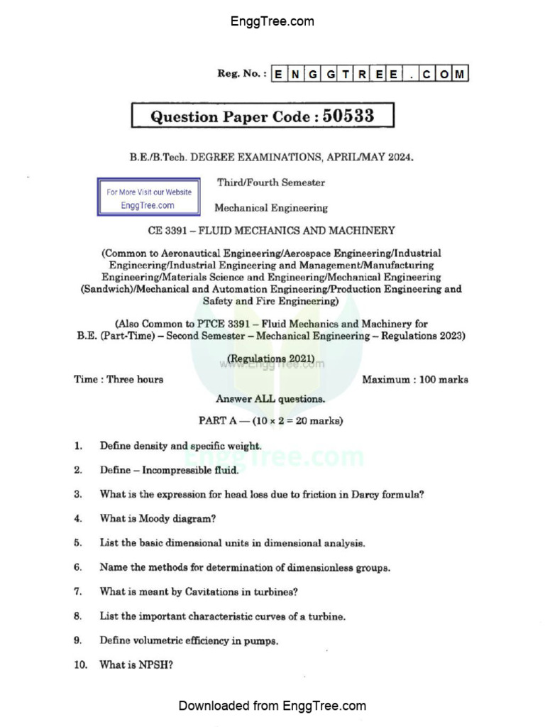 CE3391 Fluid Mechanics Question Paper 2024 | PDF
