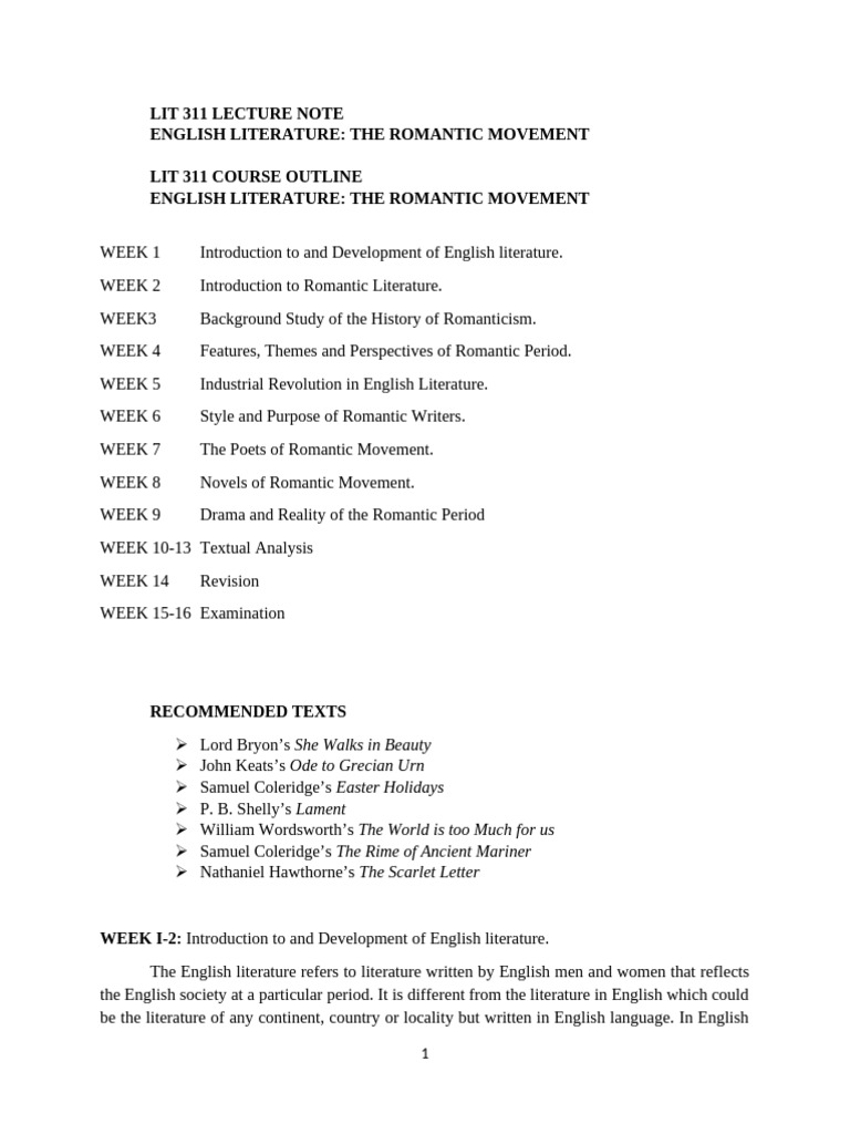 Lit 311 Lecture Note | PDF | Chivalric Romance | Romanticism