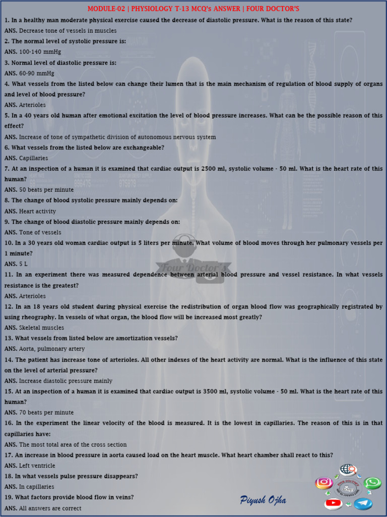 Physiology MCQs: Blood Pressure Insights | PDF | Blood Pressure | Blood Vessel