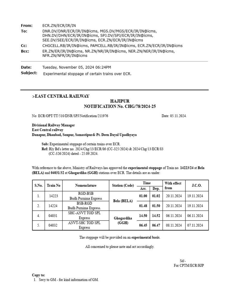Notification - Experimental Stoppage of Certain Trains Over ECR. | PDF ...