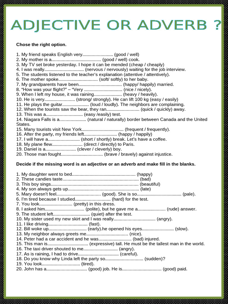 Adjective or Adverb Grammar Drills Oneonone Activities - 94005 | PDF ...