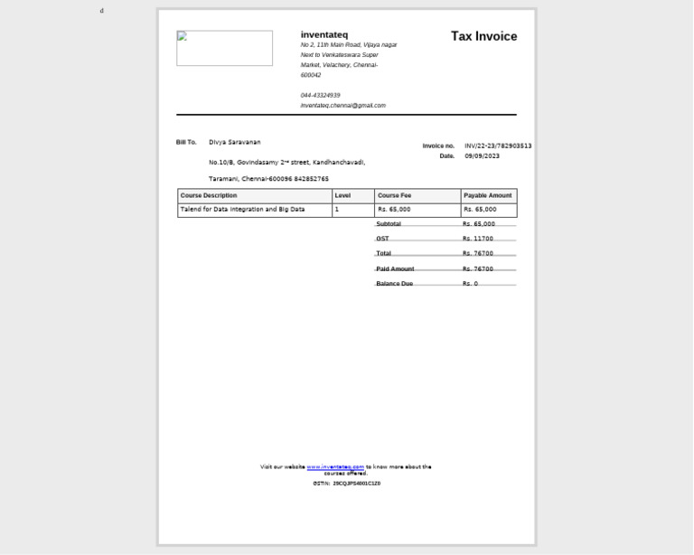 Tax Invoice for Talend Course Payment | PDF