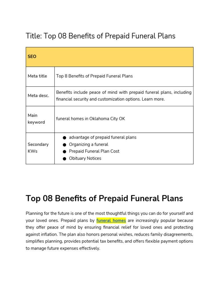 Top 08 Benefits of Prepaid Funeral Plans | PDF | Funeral | Burial