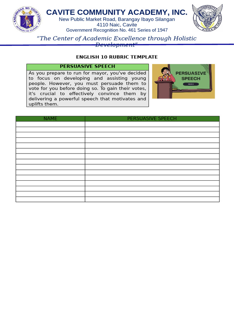 English 10 Persuasive Speech Rubric | PDF