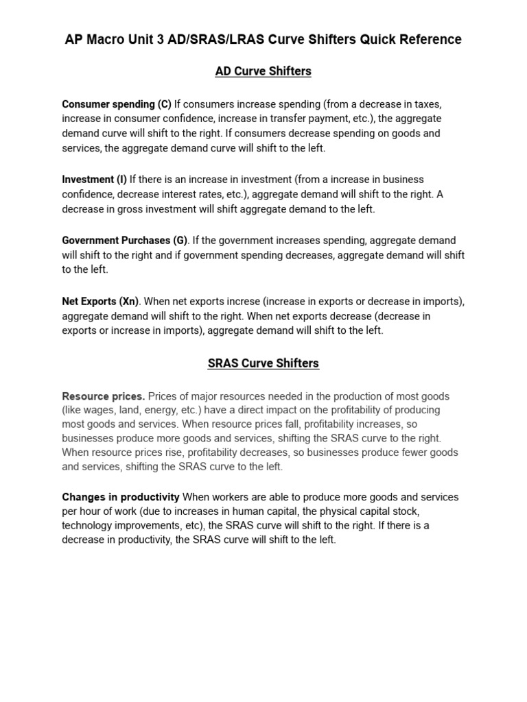 AD SRAS LRAS+Shifters+Quick+Reference | PDF | Aggregate Demand | Inflation