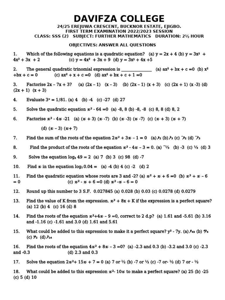 Further Mathematics S.S 2 | PDF | Quadratic Equation | Equations