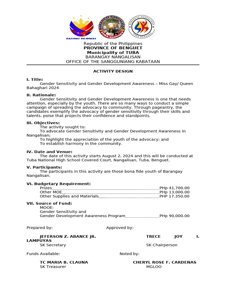 Miss Gay Bahaghari 2024 Activity Plan | PDF