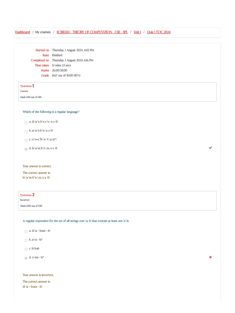 Quiz 1 TOC 2024 - Attempt Review | PDF | Theory Of Computation | Metalogic