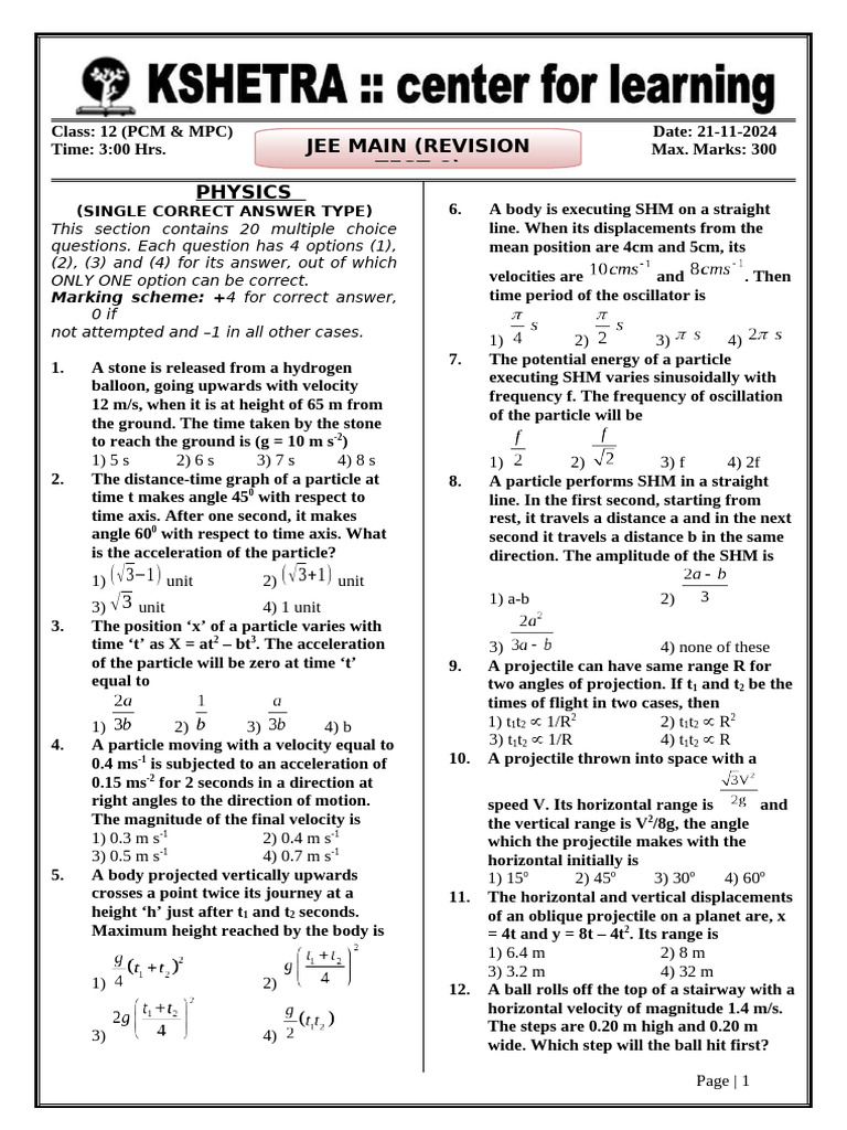 Class Xii Jee Main PCM & MPC-75 Final | PDF | Gases | Acceleration
