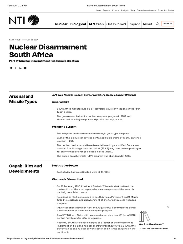 South Africa's Nuclear Disarmament Facts | PDF | Nuclear Weapons ...