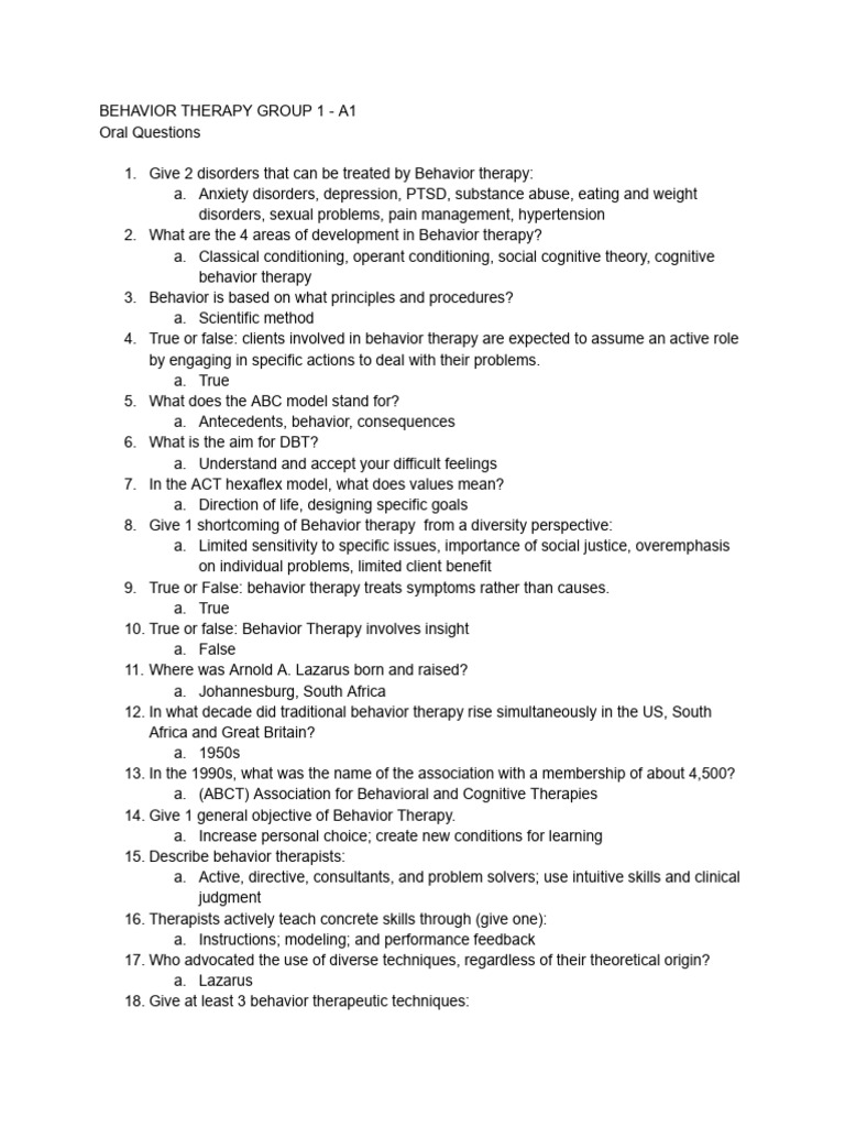 ORAL Behavior Therapy Group 1 A1 | PDF | Behaviour Therapy | Psychological Schools
