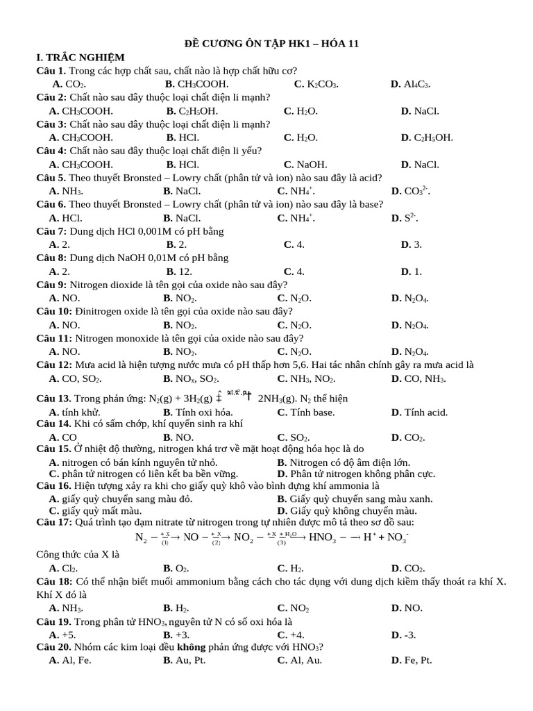 ĐỀ CƯƠNG HK1 HÓA 11 | PDF
