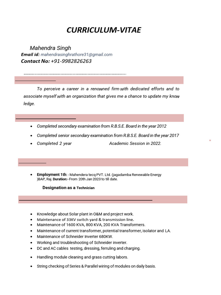 Mahendra Singh CV Updated | PDF | Power Inverter | Transformer