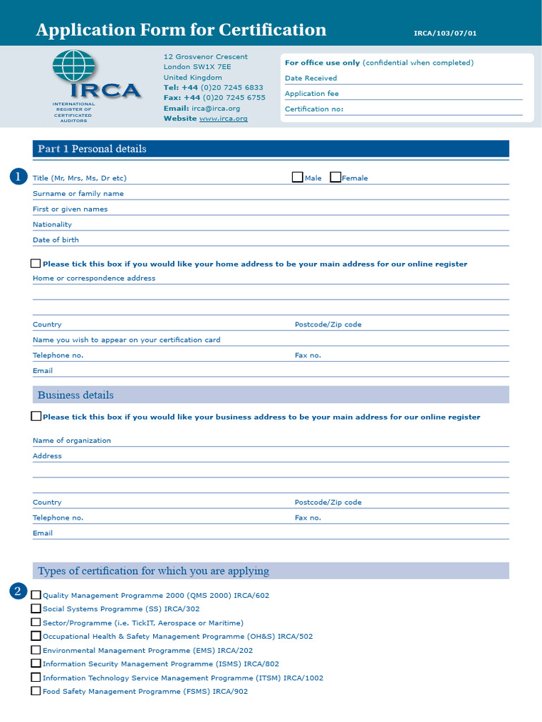 IRCA103Application Form For Certification | PDF | Audit | Paper