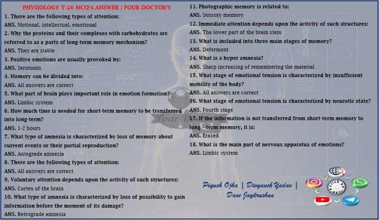 Physiology T-26 Mcq’s Answer Fd | PDF | Memory | Amnesia