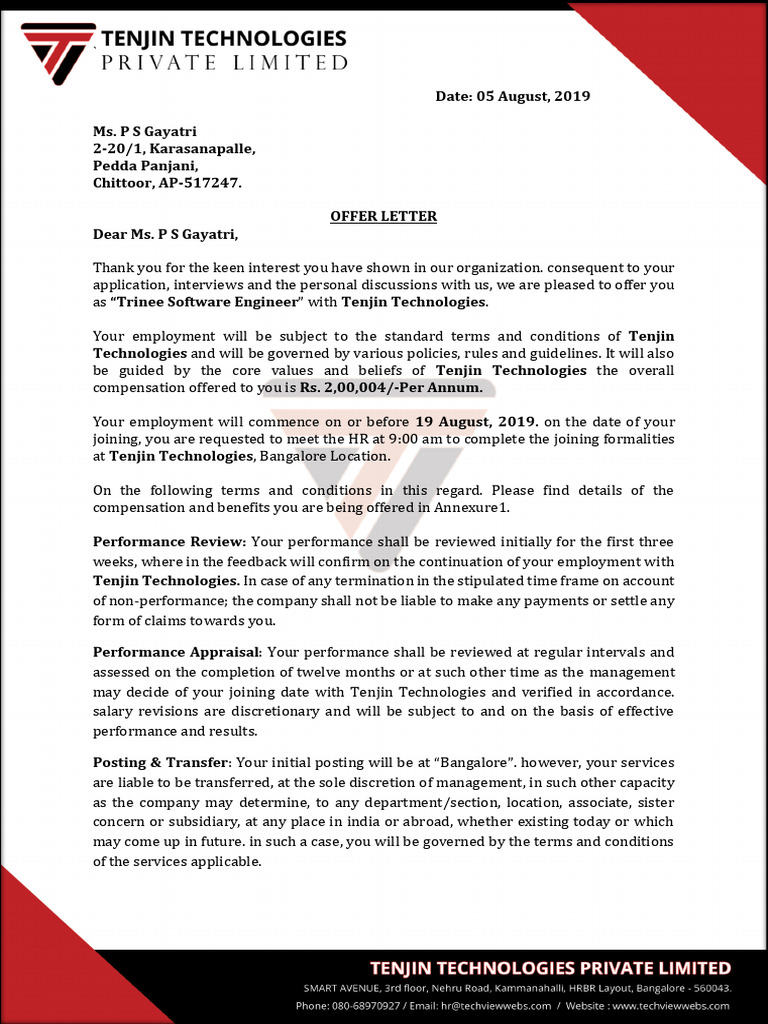 Tenjin Technologies Offer Letter-1 | PDF | Verification And Validation | Employment