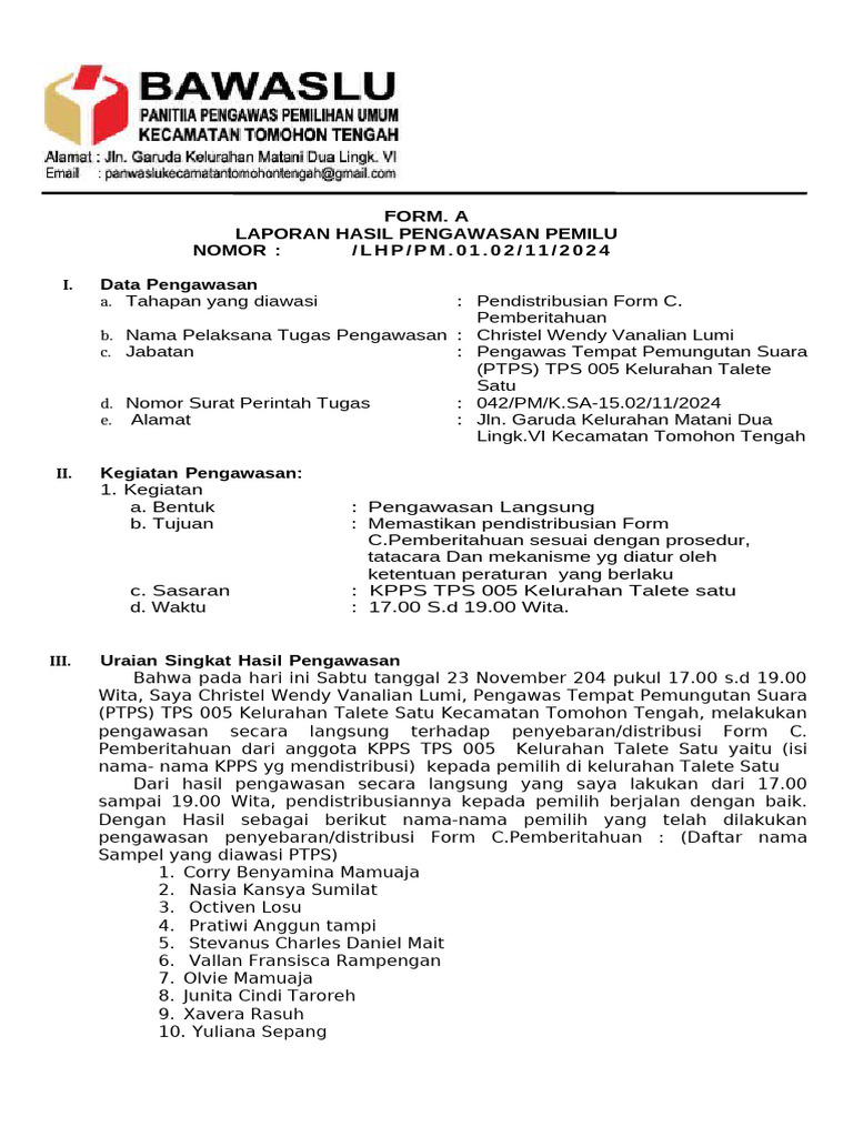 LHP PTPS 5 - Talete Satu - Distribusi Form C. Pemberitahuan | PDF