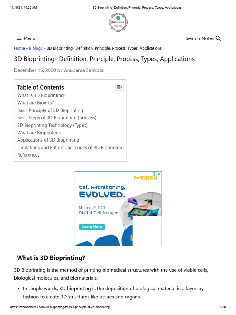 3D Bioprinting - Definition, Principle, Process, Types, Applications | PDF | Tissue Engineering