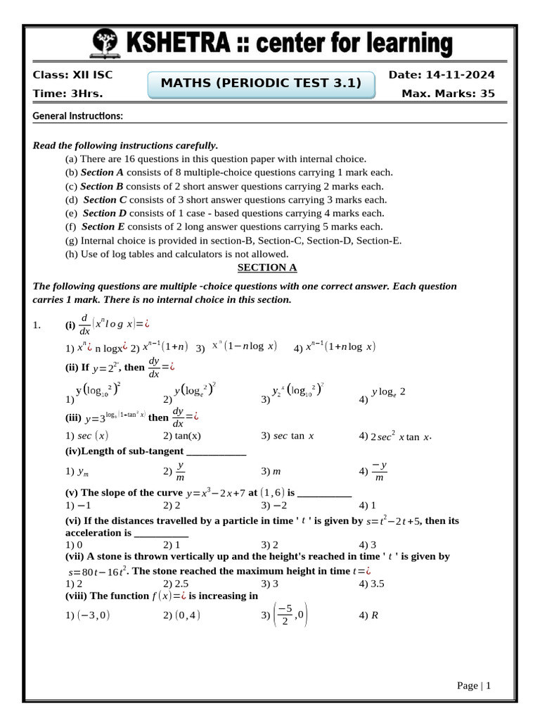 XII ISC MATHS PT 2.3 QP FINAL | PDF | Mathematical Objects | Mathematical Analysis