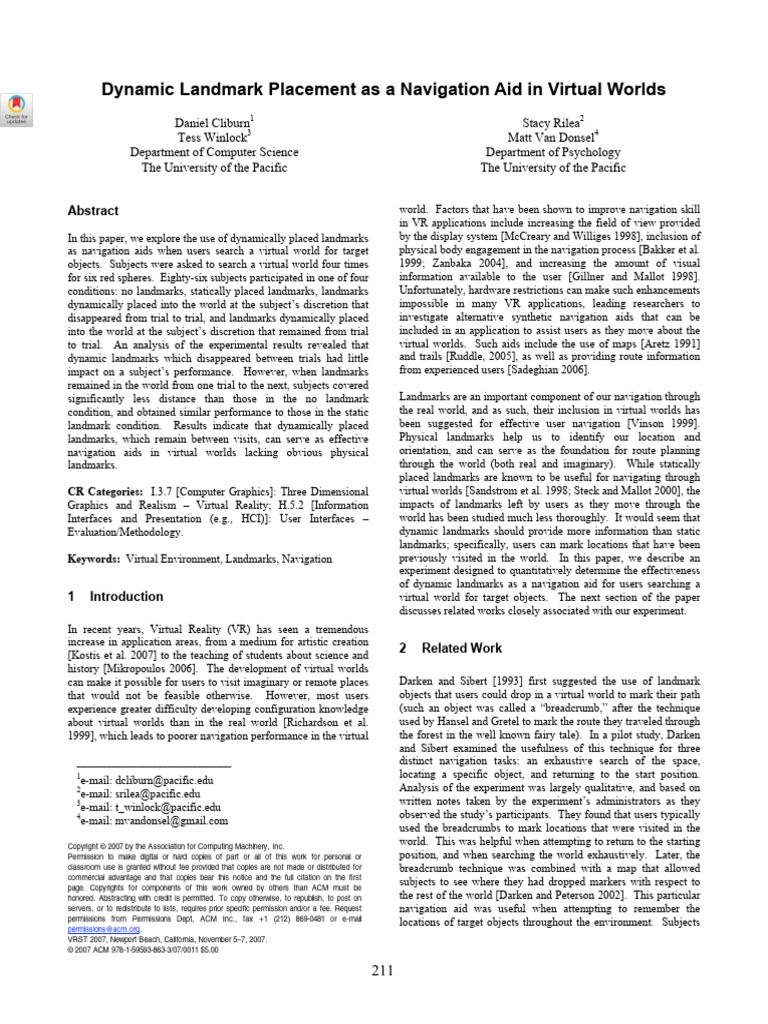 Dynamic Landmark Placement As A Navigation Aid in Virtual Worlds | PDF ...