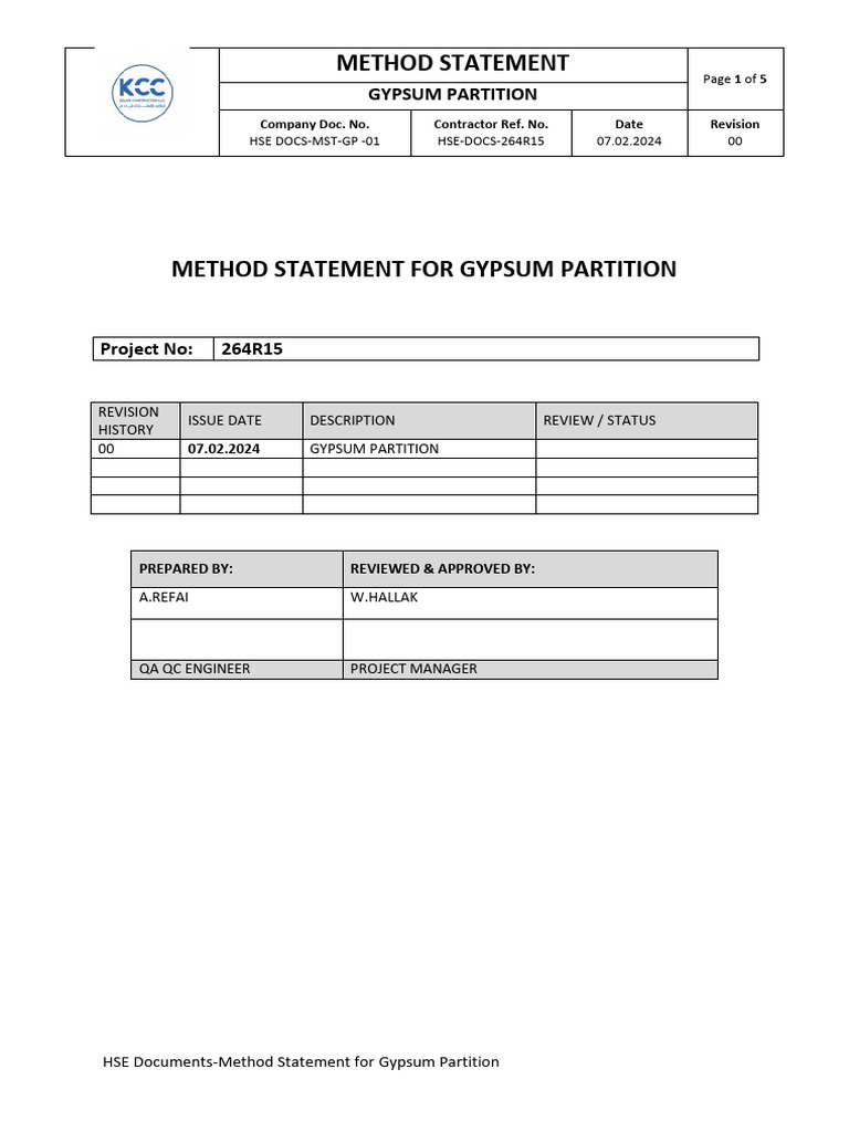 11.GYPSUM PARTITION - Method Statement | PDF | Drywall | Wall