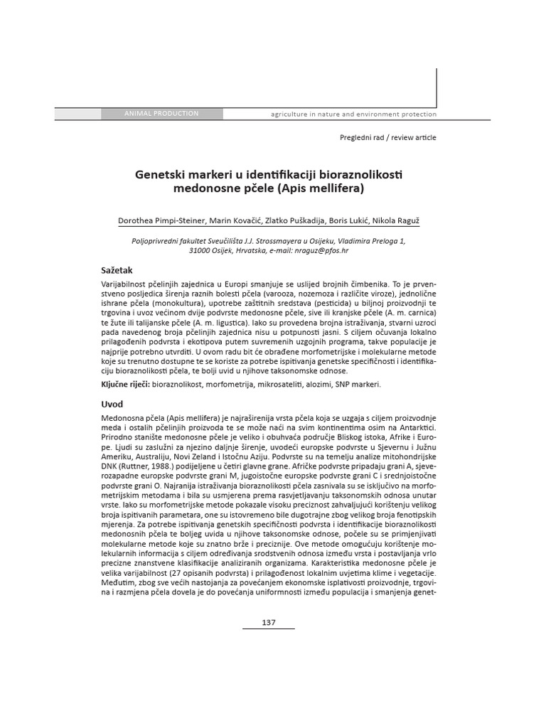 Genetski Markeri U Identfikaciji Bioraznolikost Medonosne Pčele | PDF