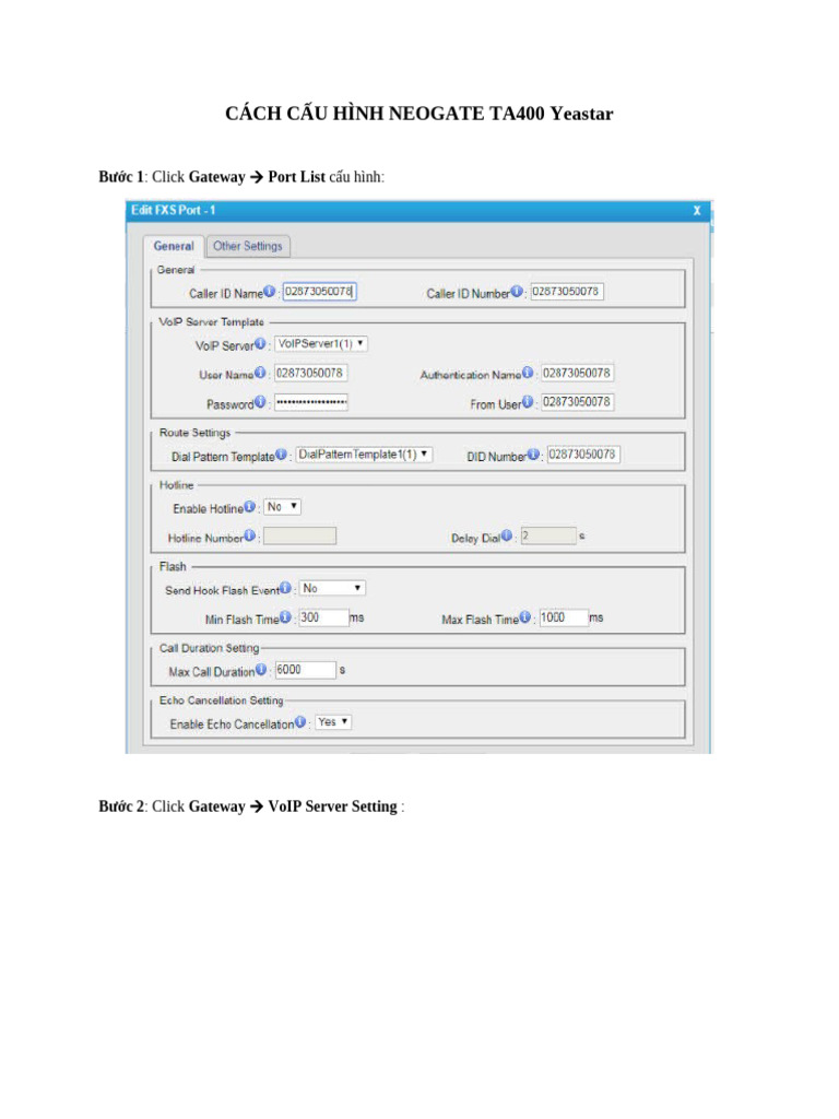 CÁCH CẤU HÌNH NEOGATE TA400 Yeastar | PDF