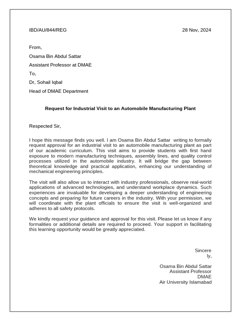 Industrial Visit Approval Request | PDF