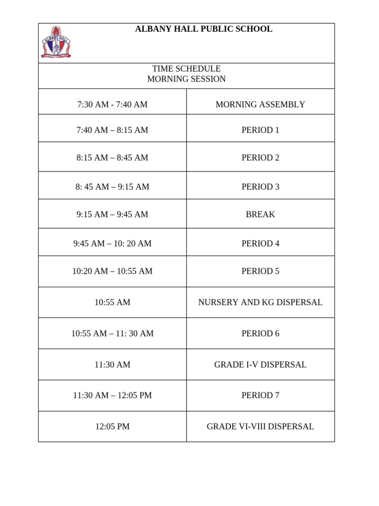 ALBANY HALL PUBLIC SCHOOL- TIME SCHEDULE- MORNING | PDF