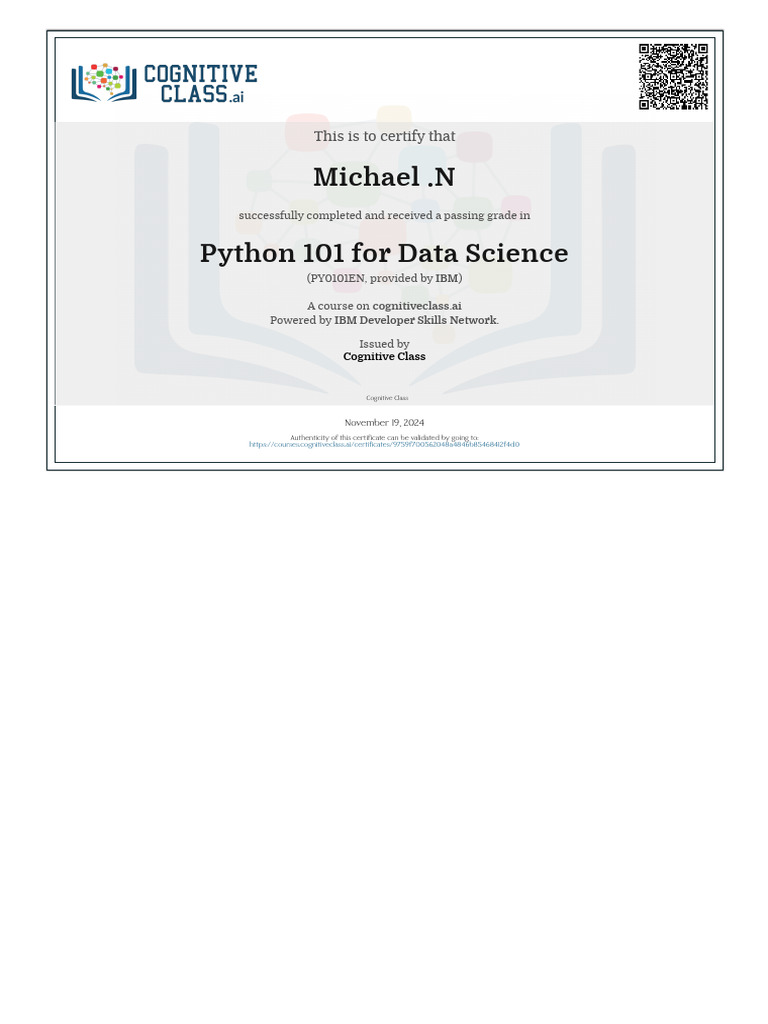 IBM PY0101EN Certificate - Cognitive Class | PDF