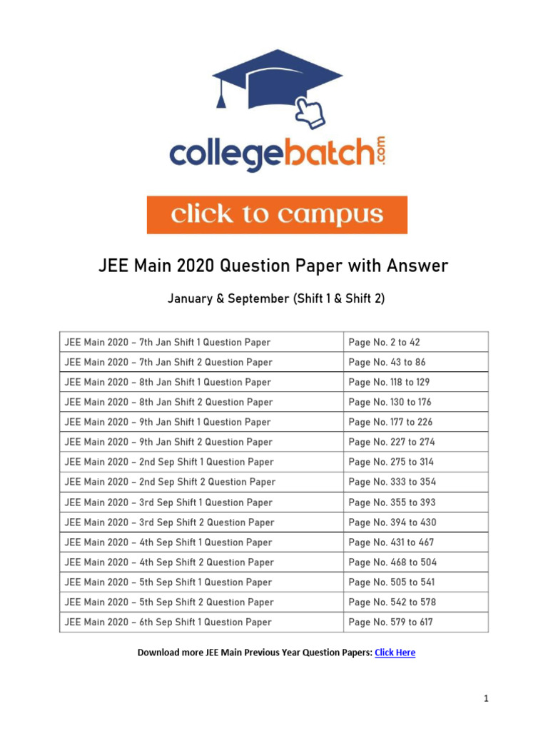 JEE Main 2020 Question Paper January September All Sessions | PDF ...