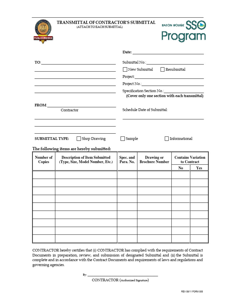 Contractor Submittal Transmittal Form | PDF