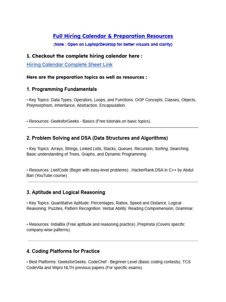 Hiring Calendar & Preparation Resources | PDF