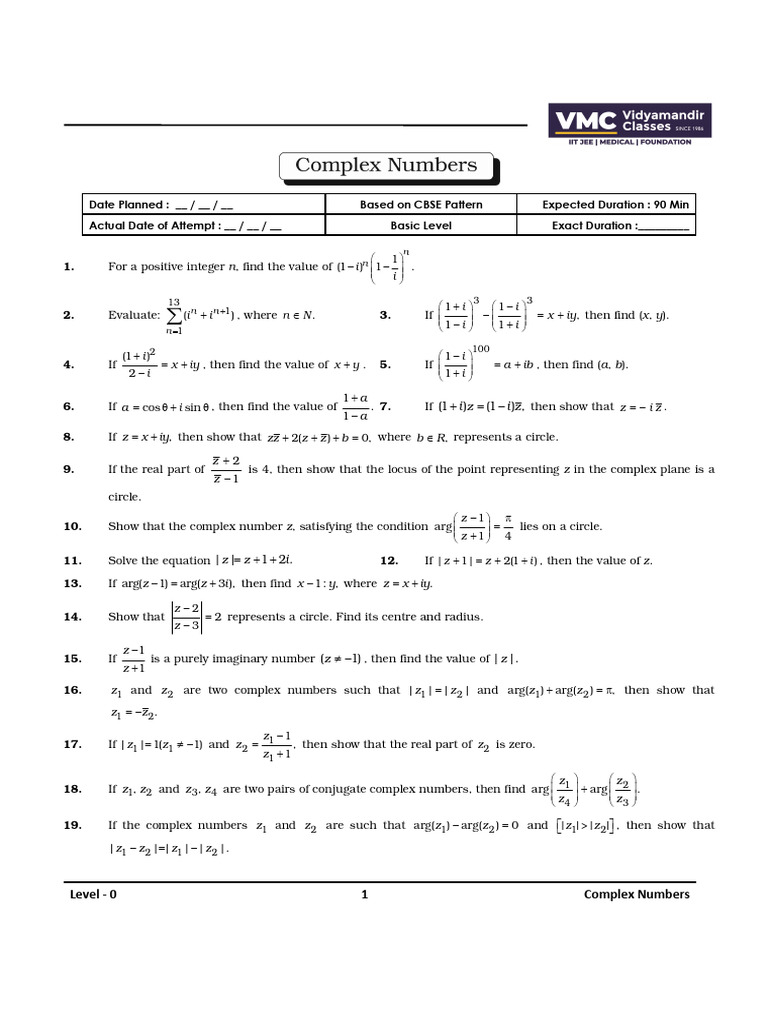 CBSE Complex Numbers Practice | PDF | Complex Number | Circle