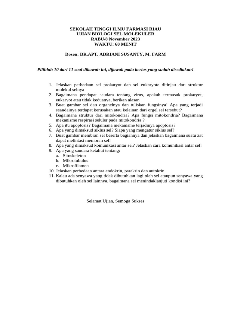 Soal Ujian Biologi Sel Molekuler | PDF