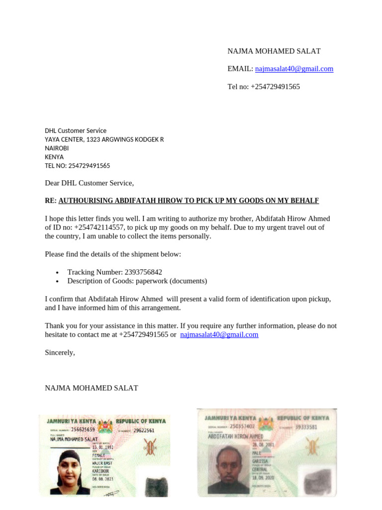Authorization Letter for DHL Pickup | PDF