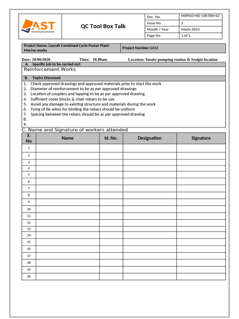 TBT Sheet - INSTALLATION OF REINFORCEMENT | PDF