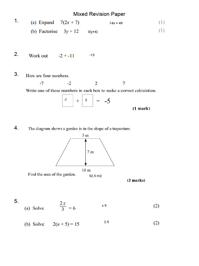 Y8 Mixed Practice Paper | PDF
