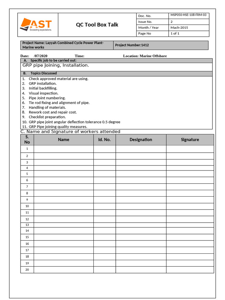TBT Sheet - GRP Pipe Installation | PDF