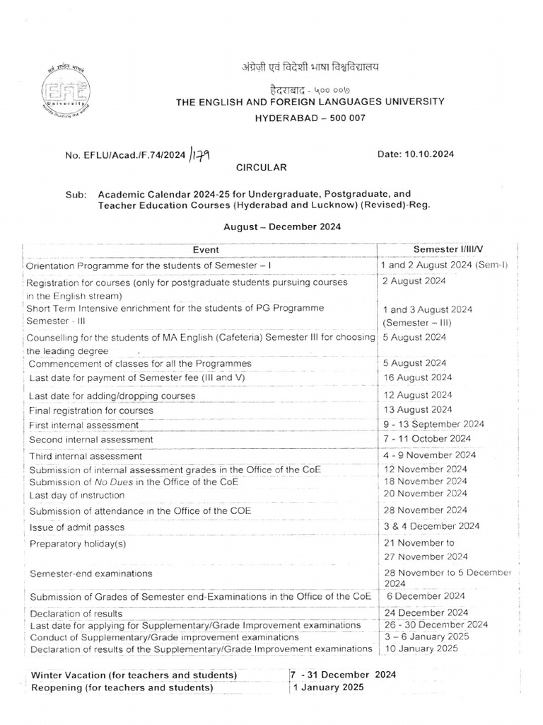 Academic Calendar 2024-25 EFLU | PDF | Academic Term | Educational Institutions