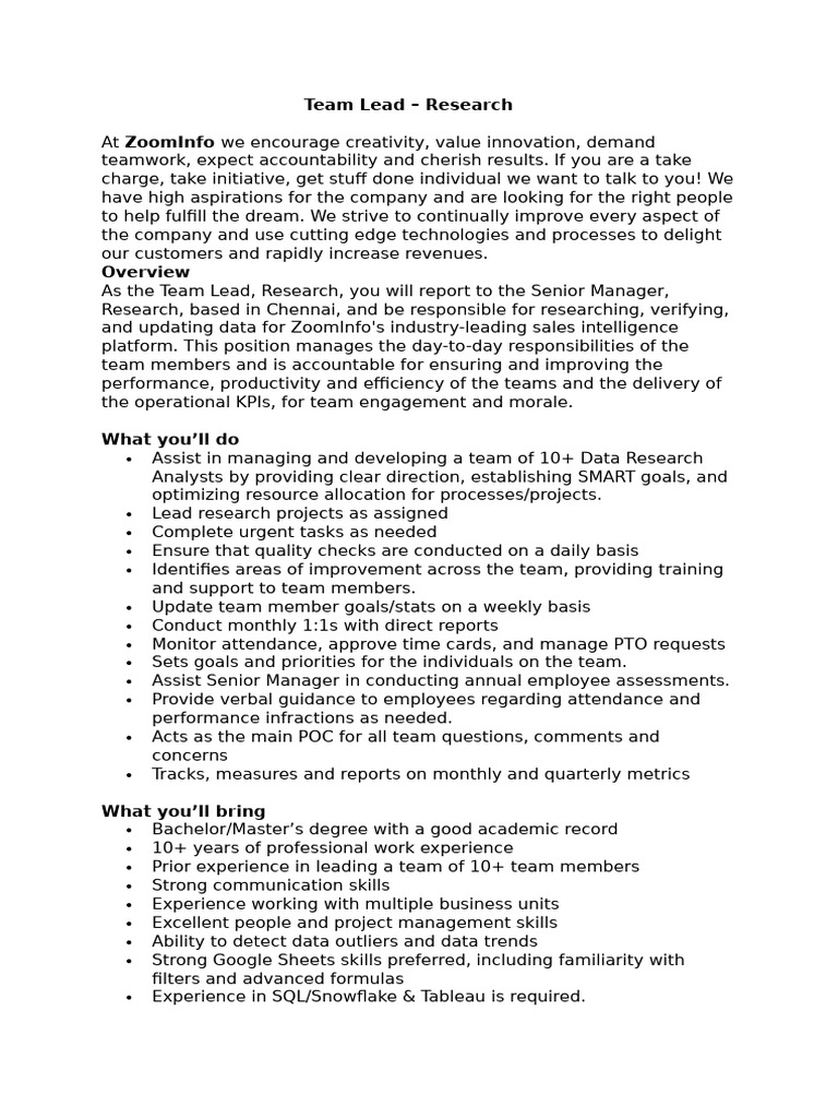 Team Lead - Research | PDF | Business | Business Economics