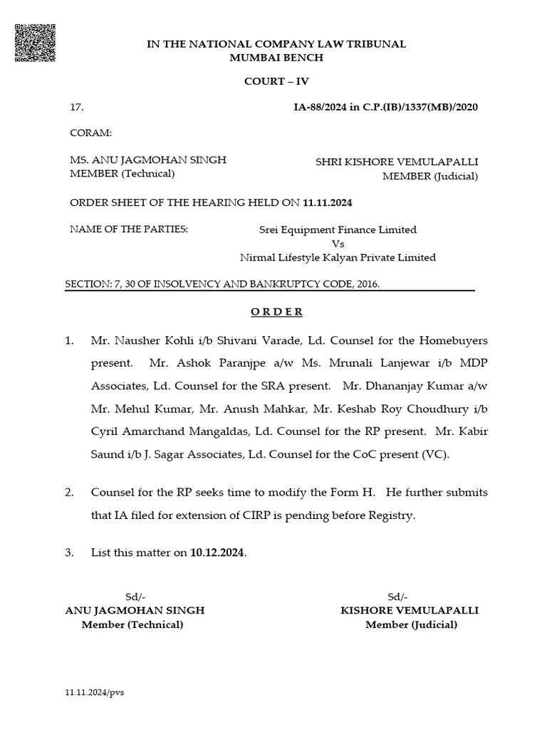 Insolvency Hearing: Srei vs. Nirmal | PDF