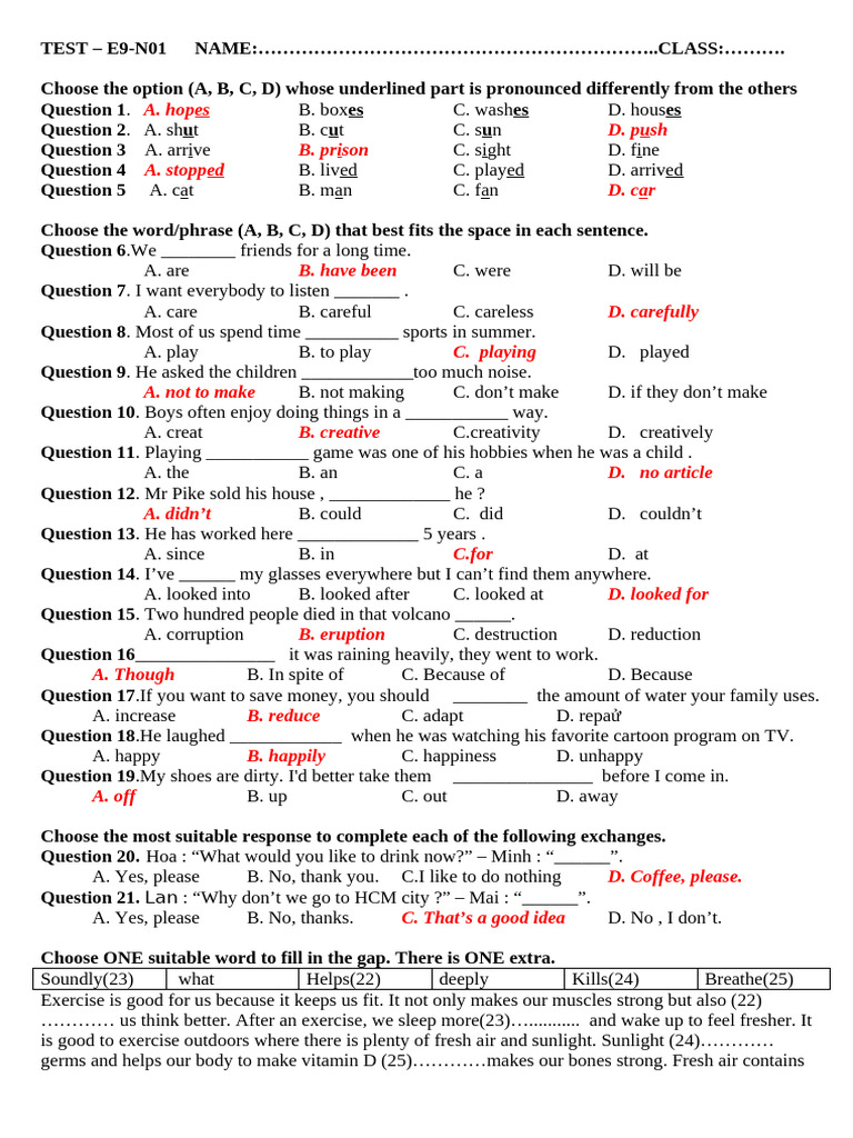 ANH 9- BTVN ĐỀ 1 | PDF