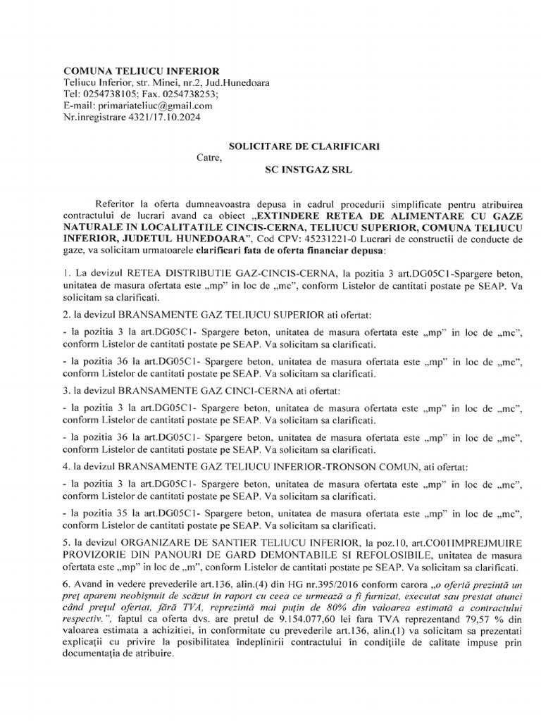 Solicitari Clarificari Financiar Instgaz | PDF