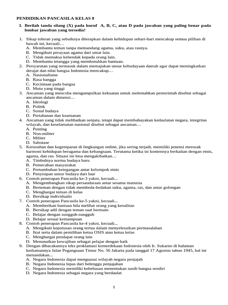 Soal Pas PP Kelas 8 Sem 1 Kumer | PDF