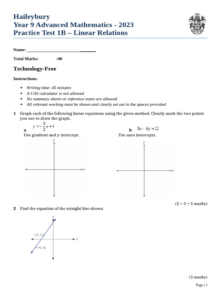 Practice Test 1B 2024 - Linear Relations | PDF | Equations | Geometry