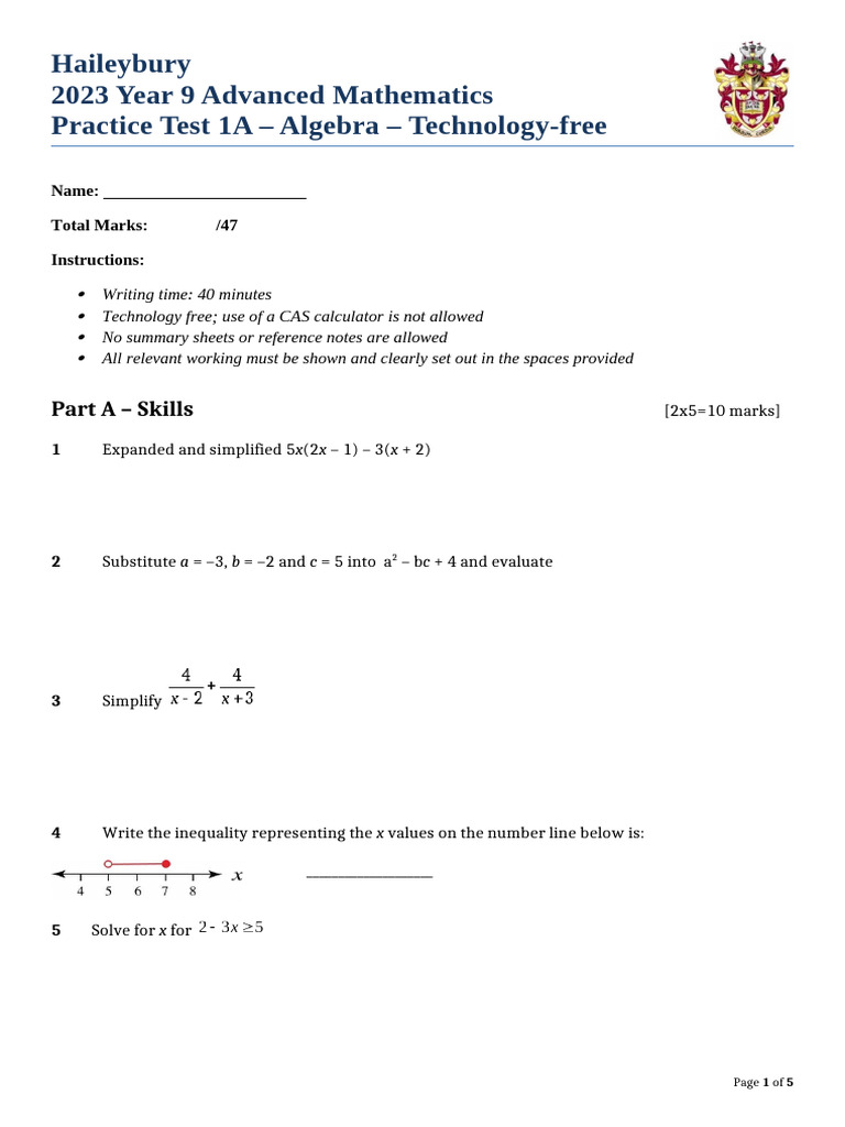 Practice Test 1A 2024 - Algebra | PDF | Equations | Algebra